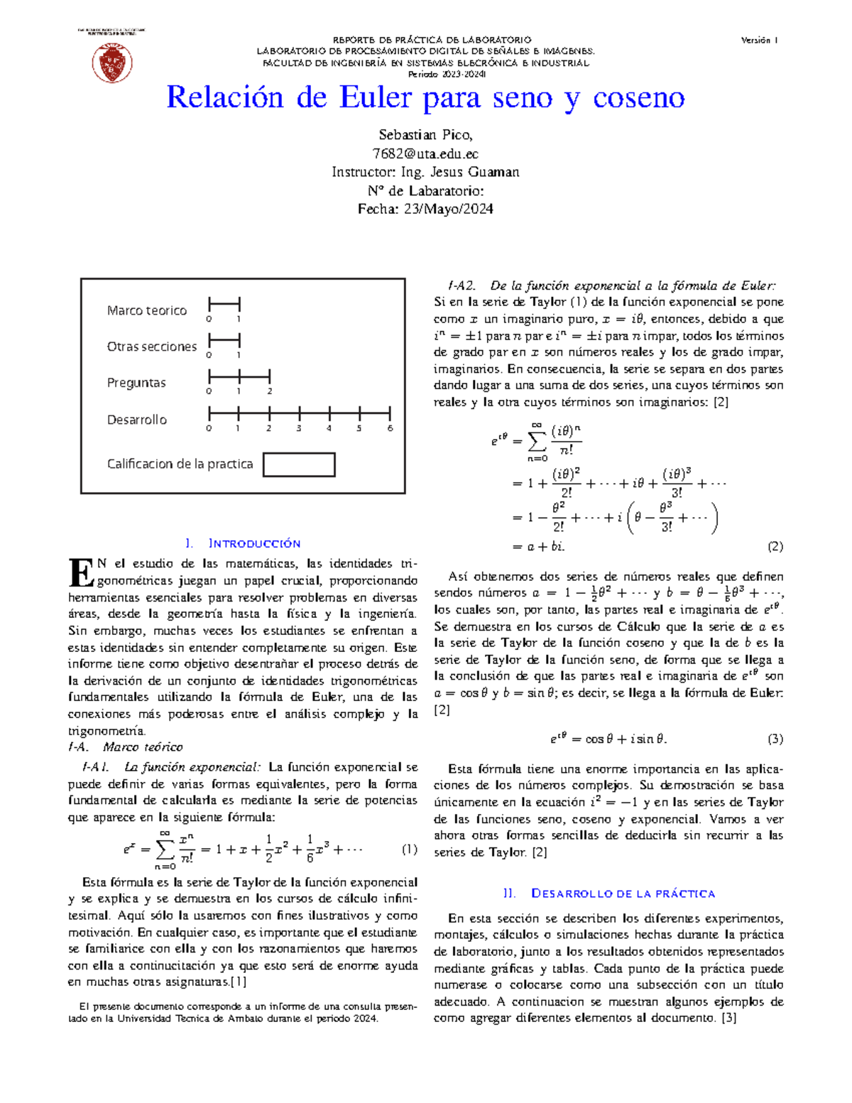 Relación de Euler para seno y coseno - REPORTE DE PR ́ACTICA DE ...