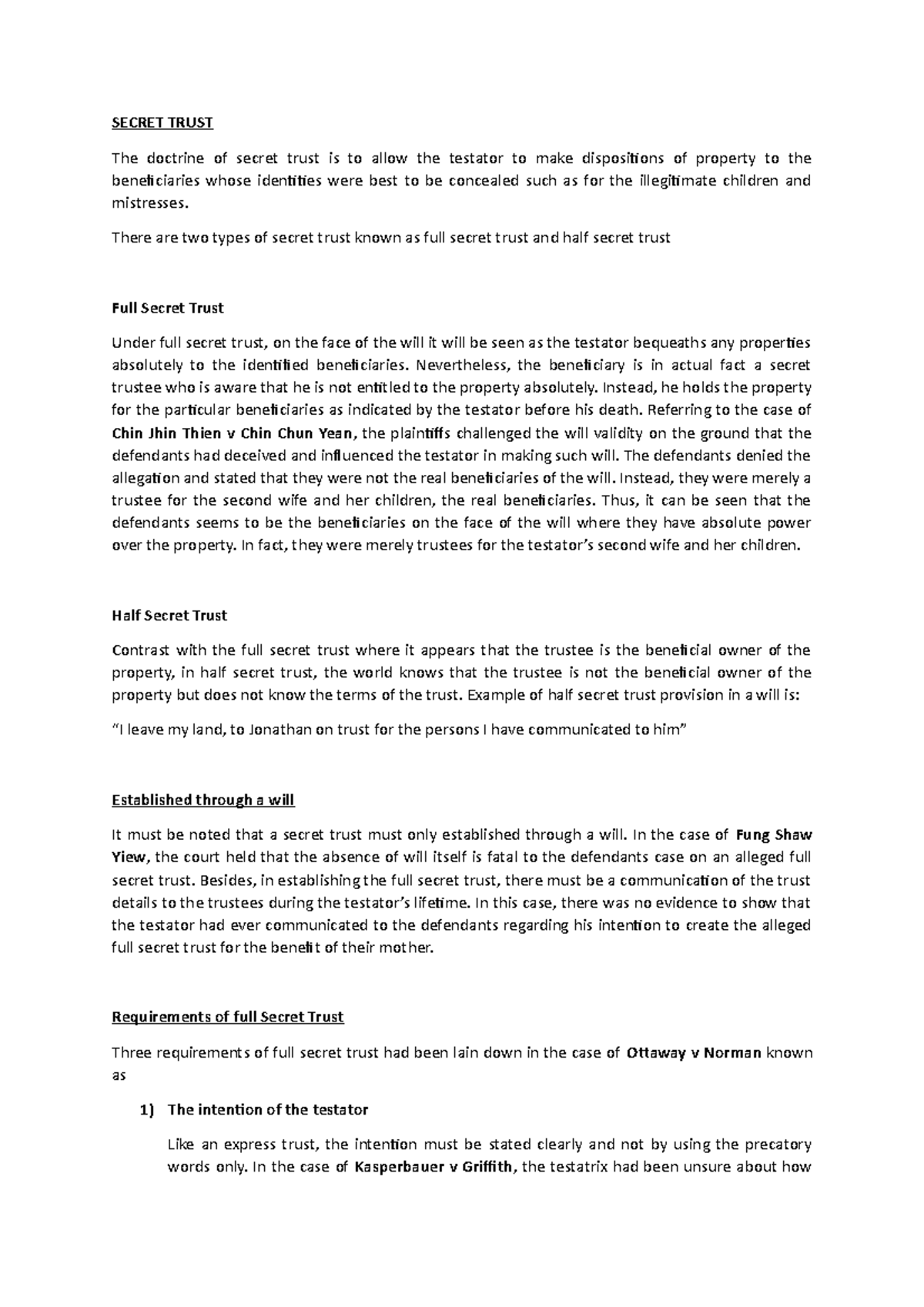 Secret trust and Trusteeship Final Notes - SECRET TRUST The doctrine of ...