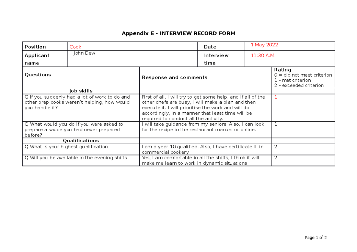 Sitxhrm 004 Appendix E Interview Record Form - John Dew - Appendix E ...