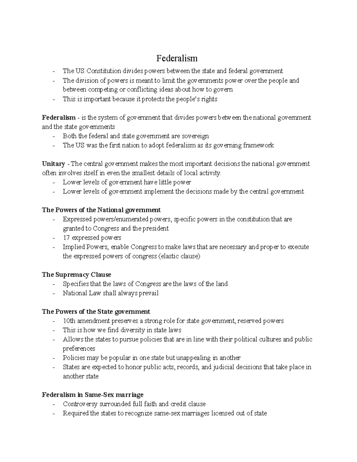 Class Notes - PSCI 2306 - Federalism The US Constitution divides powers ...