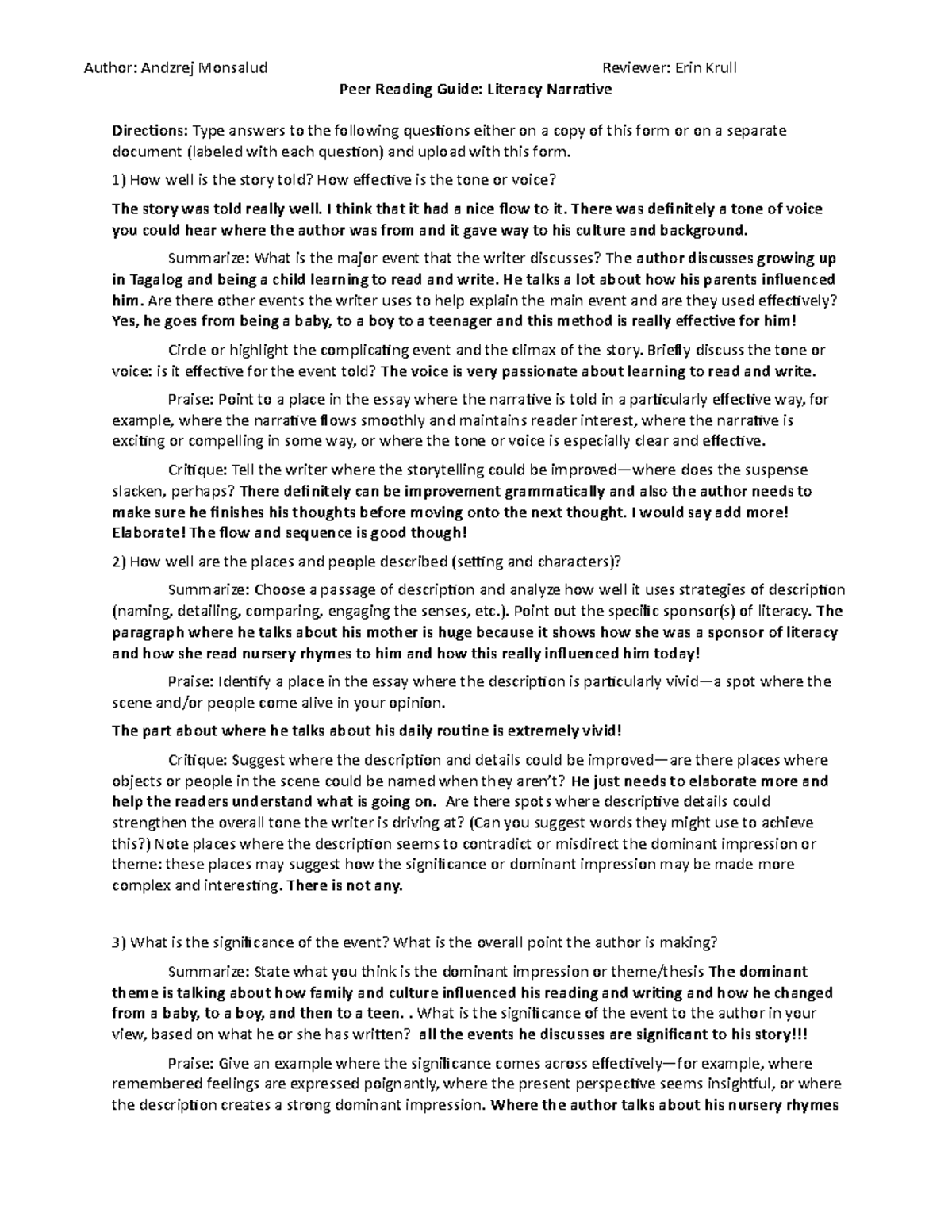 ERIN Krull Literacy Narrative- Peer Review Guide - Author: Andzrej ...