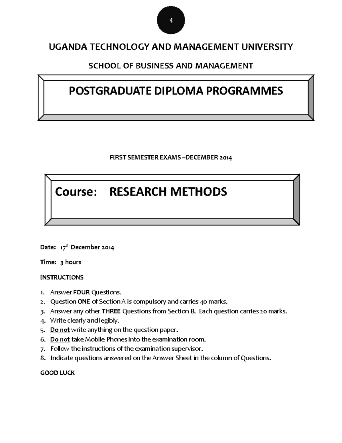 TM 500 Sample EXAM - UGANDA TECHNOLOGY AND MANAGEMENT UNIVERSITY SCHOOL ...