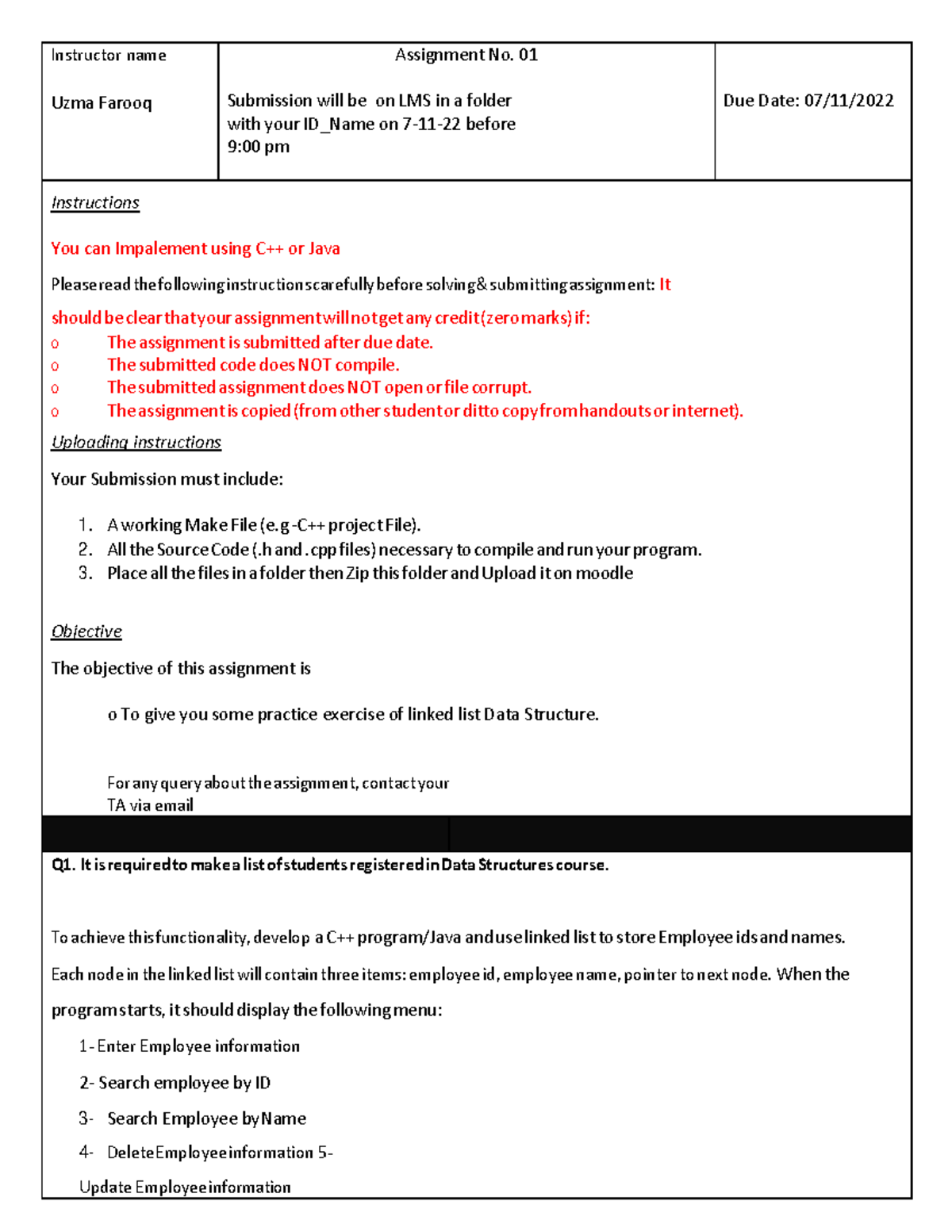 Assignment 1 2 - sadsadsad - Instructor name Uzma Farooq Assignment No. 01 Submission will be on ...