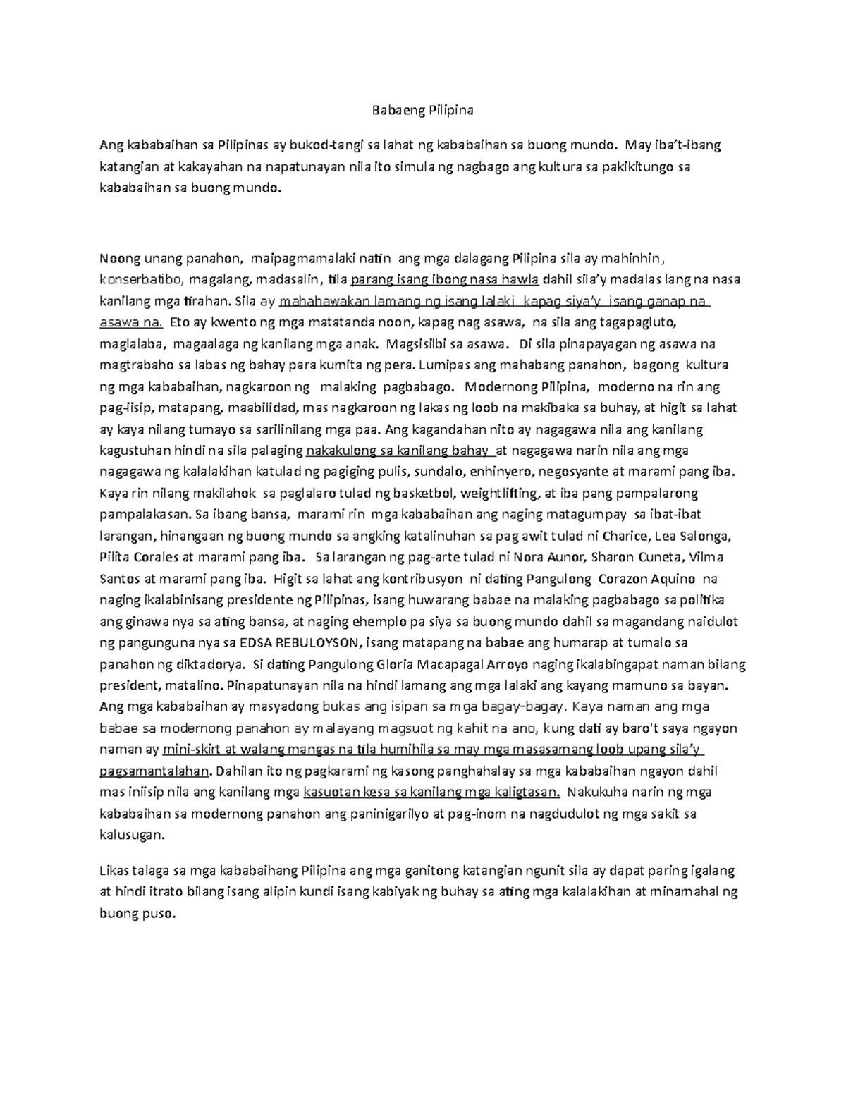 106717094 Babaeng Pilipina Sanaysay - Babaeng Pilipina Ang kababaihan ...