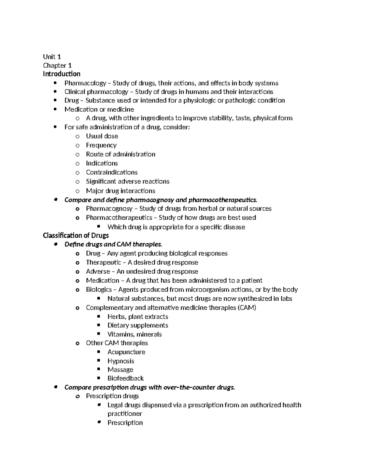 Pharm Unit 1 - Unit 1 notes - Unit 1 Chapter 1 Introduction ...