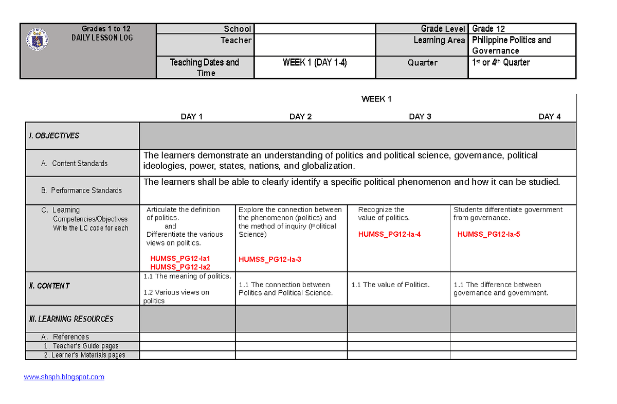 PPG Week a - The Concepts of Politics and Governance - Grades 1 to 12 ...