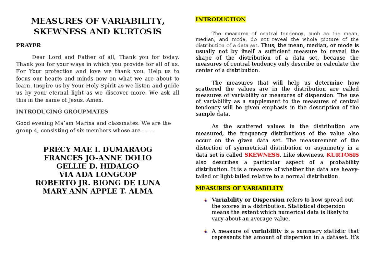 Measures OF Variability - MEASURES OF VARIABILITY, SKEWNESS AND ...