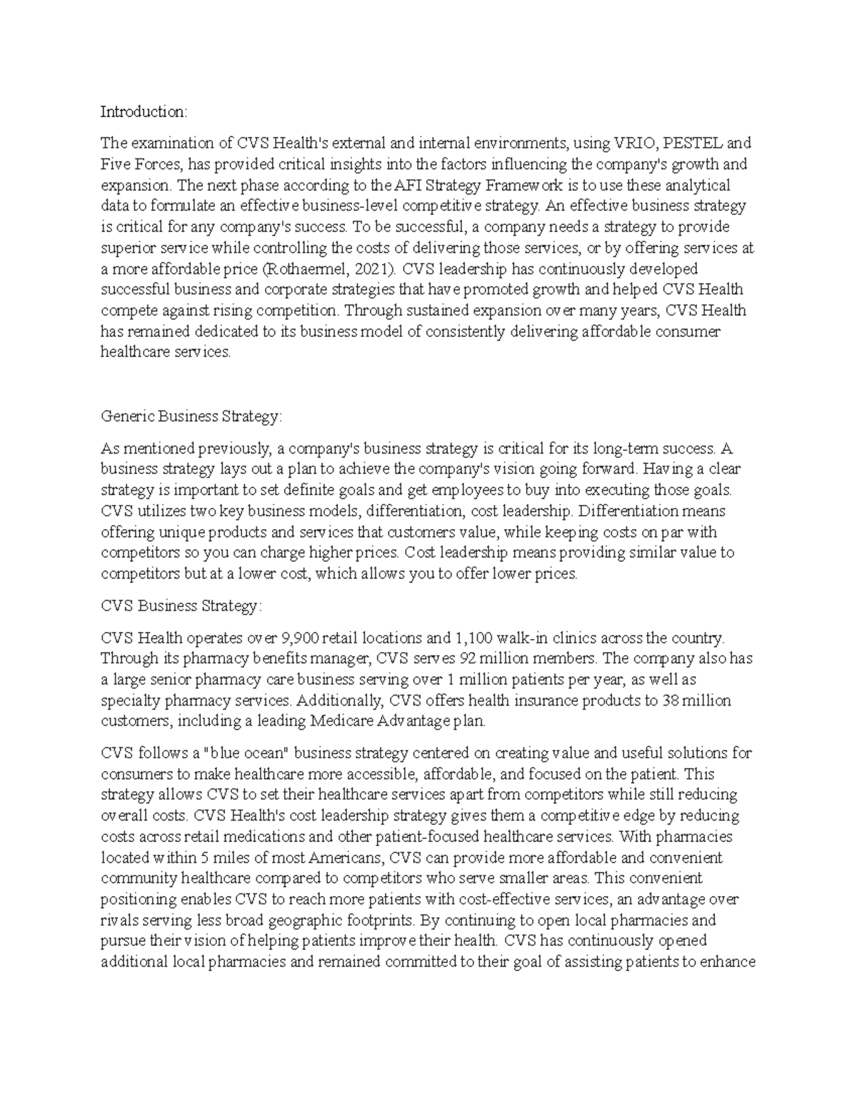 Assessment 2 - business strategy - Introduction: The examination of CVS ...
