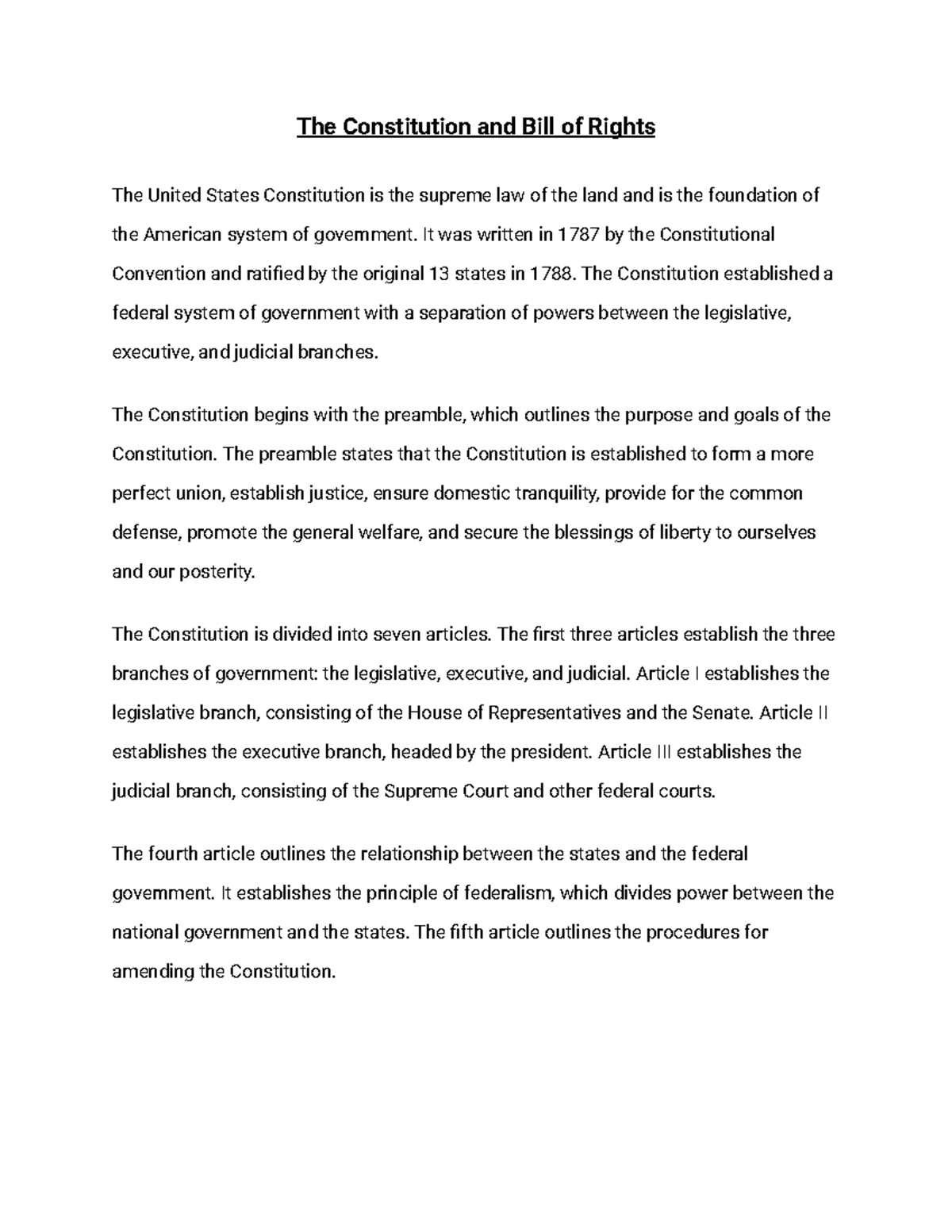 The Constitution and Bill of Rights - It was written in 1787 by the ...