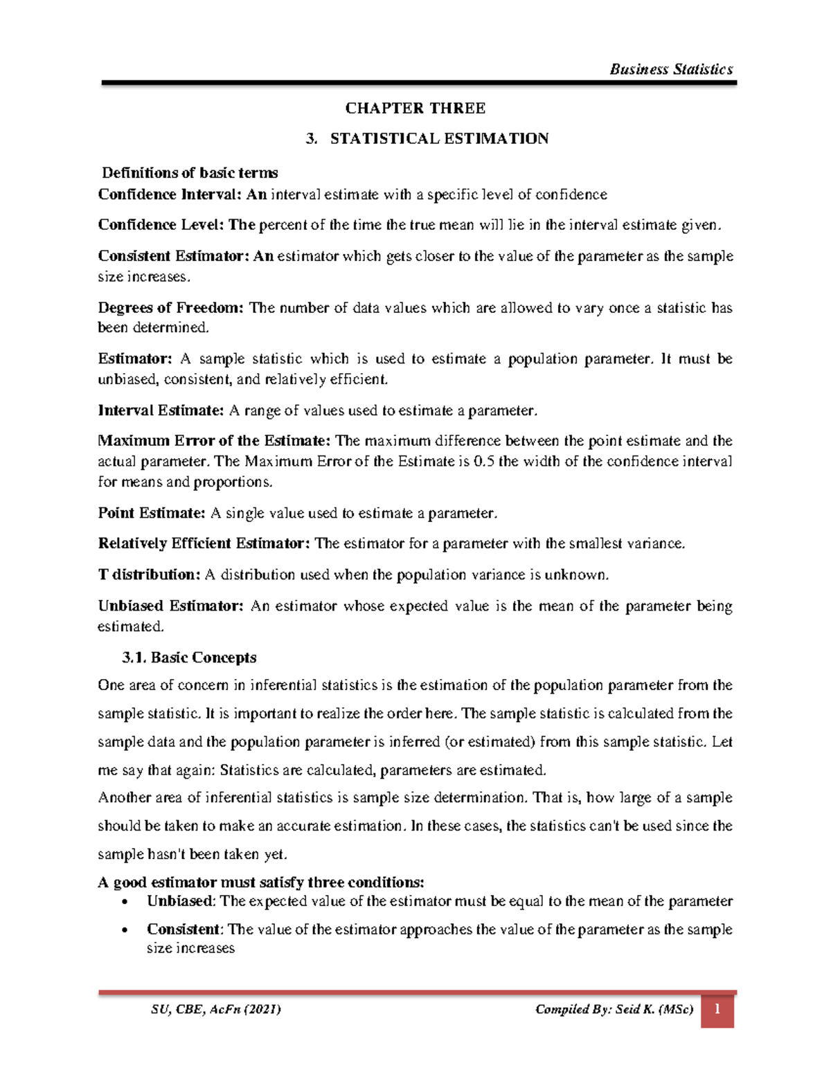 Chapter 3 - Information system - CHAPTER THREE 3. STATISTICAL ESTIMATION Definitions of basic ...