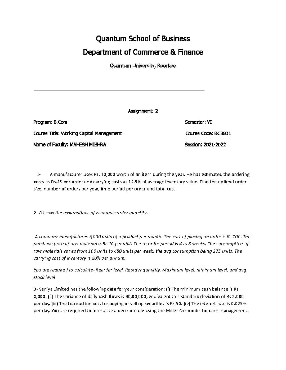 BC3601-AS02 - This is the assignment questions of working capital management - Quantum School of ...