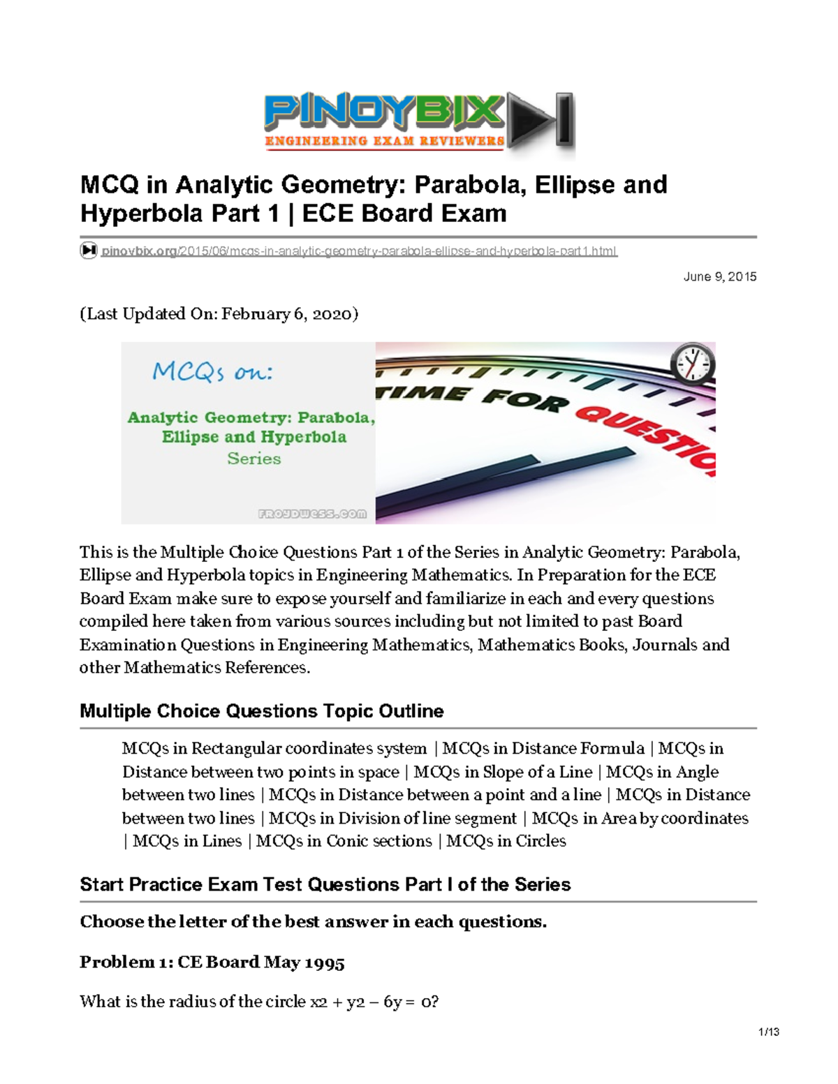 Analytic Geometry - In Preparation for the ECE Board Exam make sure to ...