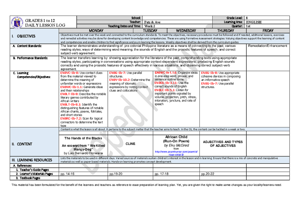 QUARTER 1 ENGLISH - GRADES 1 to 12 DAILY LESSON LOG School: Grade Level ...