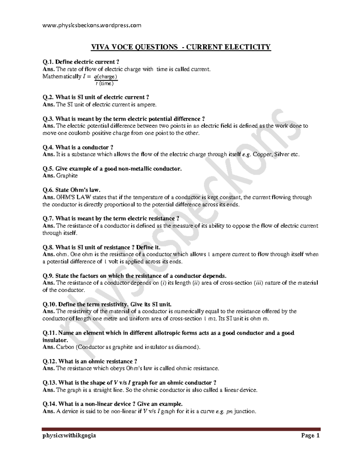 Viva voce current electricity - VIVA VOCE QUESTIONS - CURRENT ...