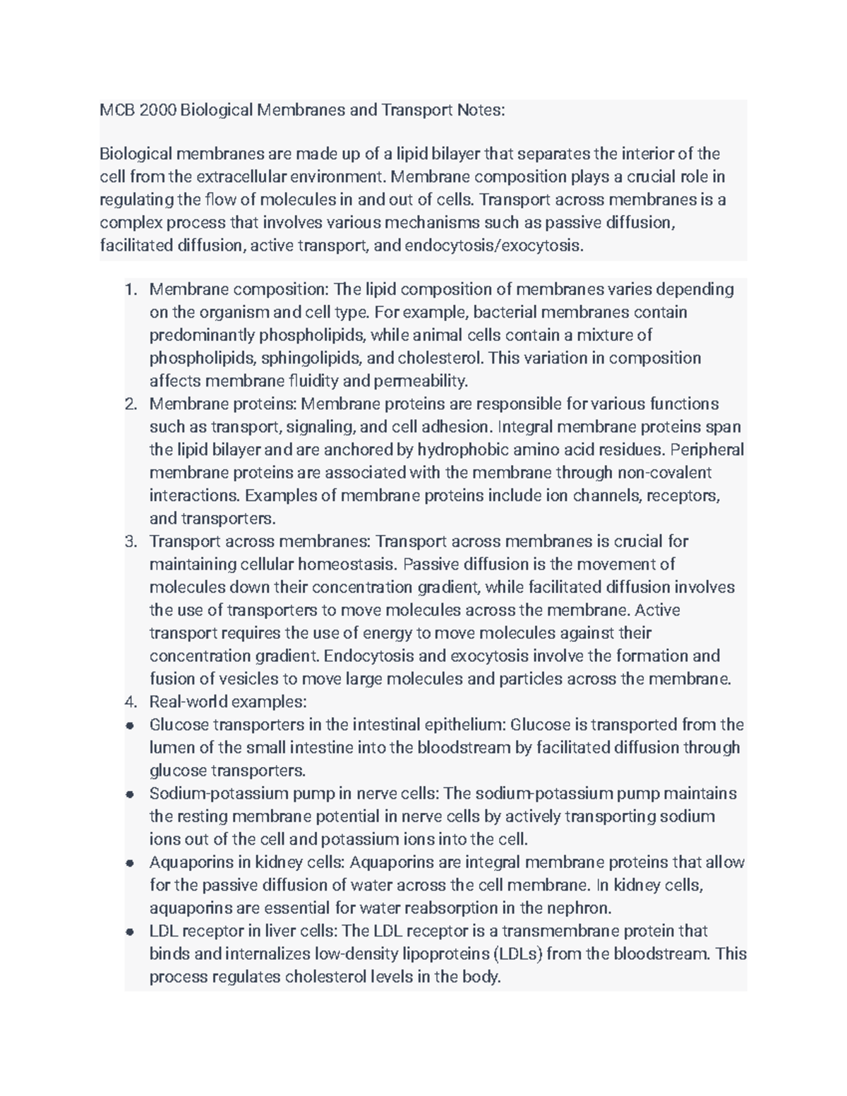 MCB 2000 Biological Membranes and Transport Notes - Membrane ...