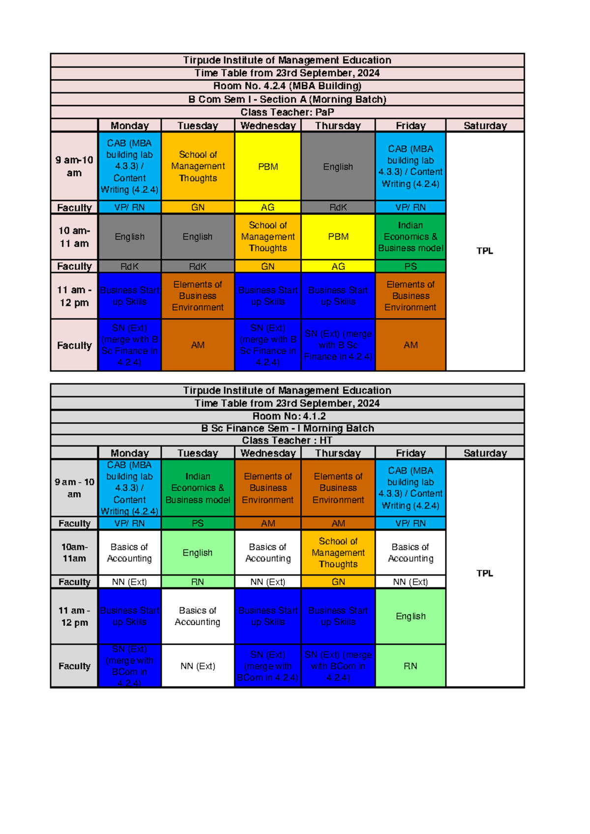 UG TT (1st shift) from 23rd September, 2024 - Monday Tuesday Wednesday ...