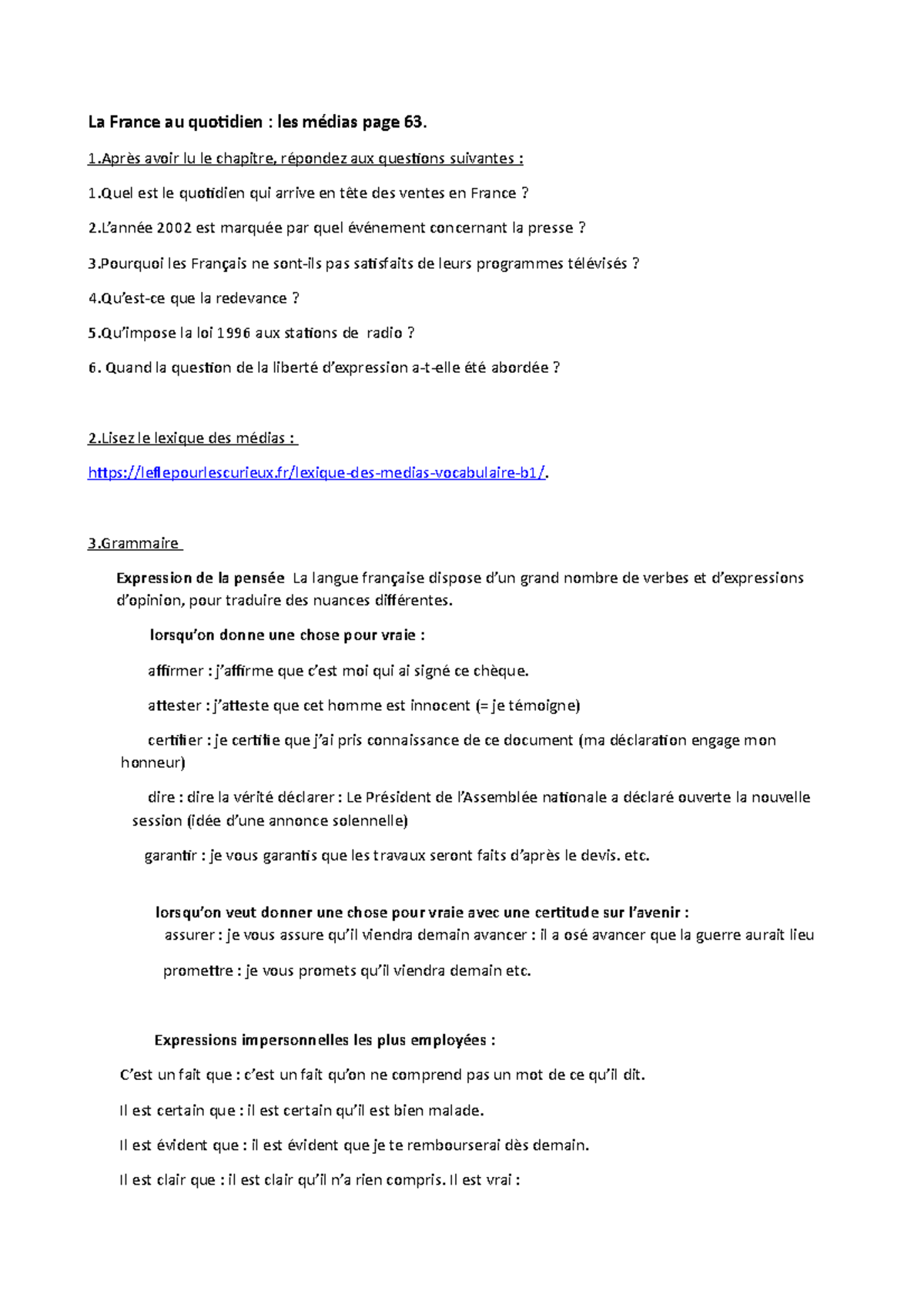 Cours prévu pour le 16 deuxième année - La France au quotidien : les ...