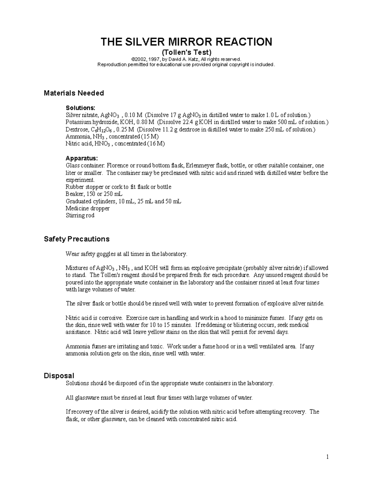 Silver flask - lab - 1 THE SILVER MIRROR REACTION (Tollen's Test) ©2002 ...