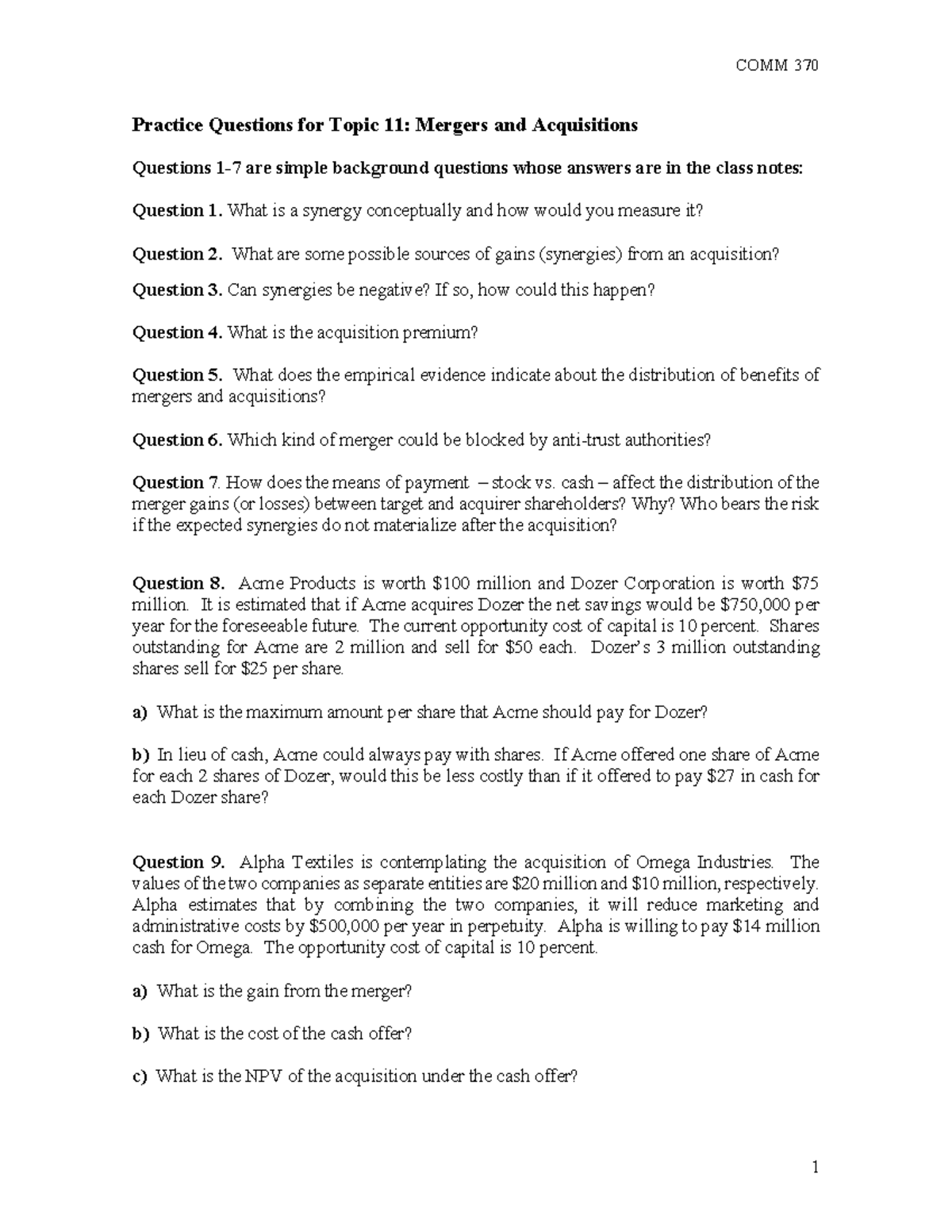Topic 11 - Mergers and Acquisitions - Practice Questions - COMM 370 1 ...