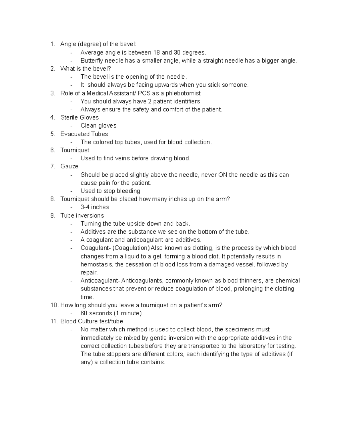 Phlebotomy Final Review - Angle (degree) of the bevel: Average angle is ...
