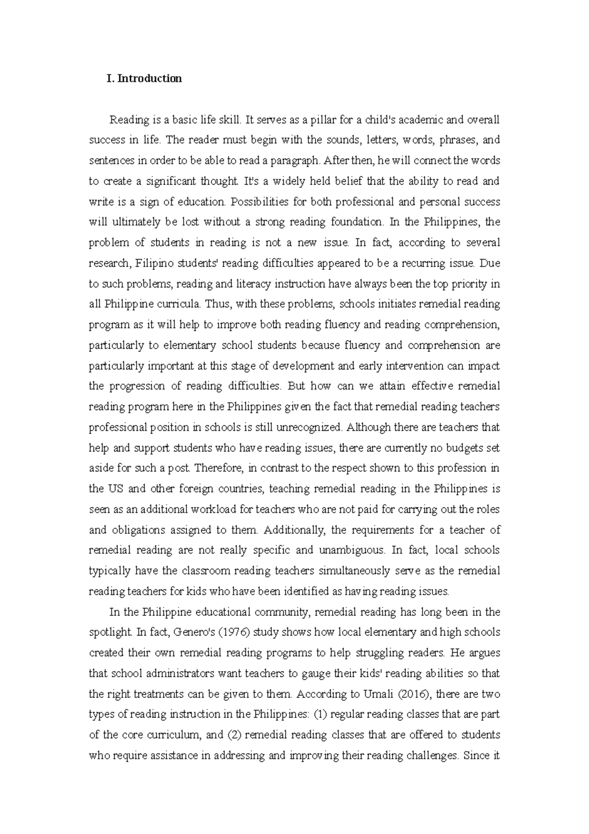 Position Paper - I. Introduction Reading is a basic life skill. It ...