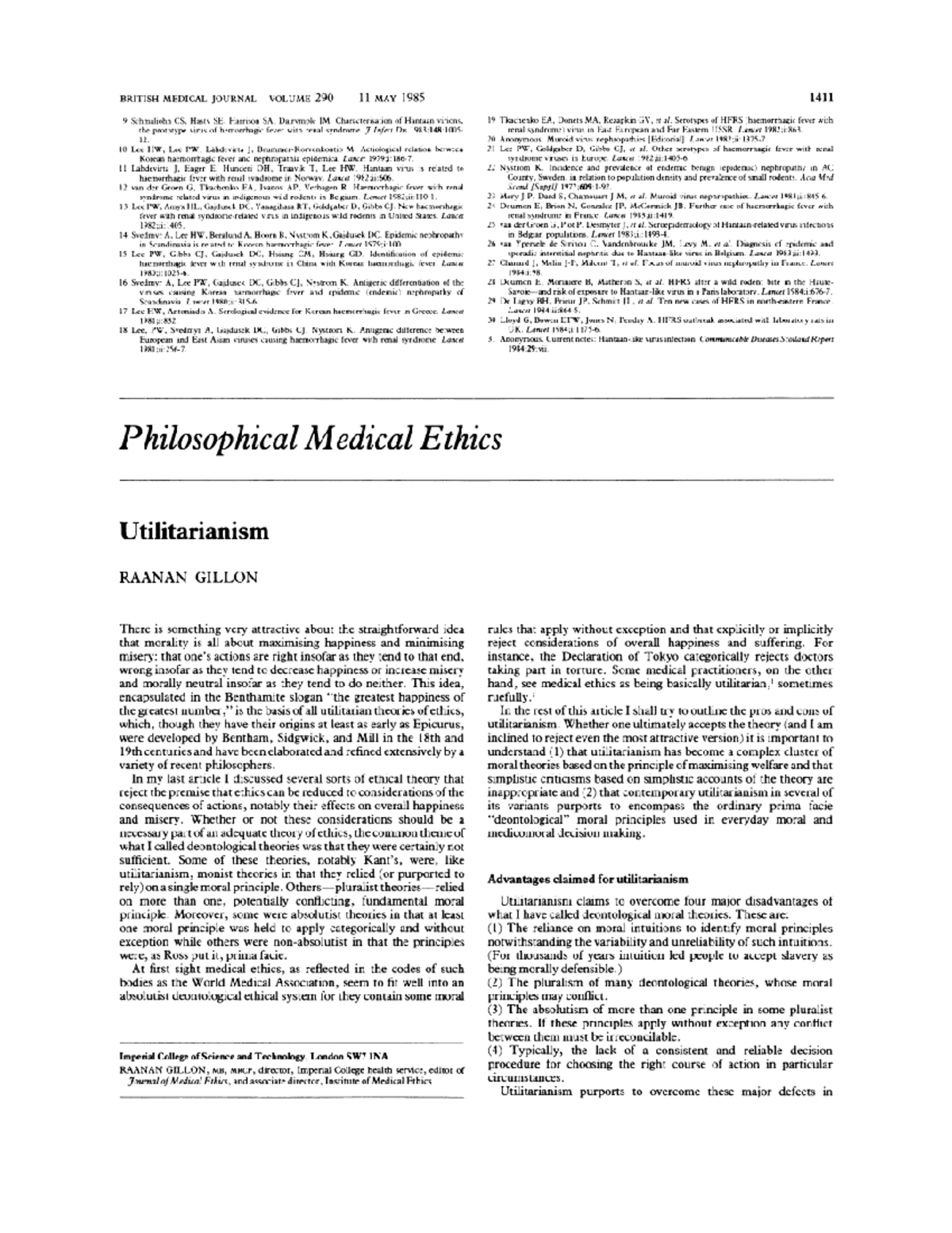 Utilitarianism Raanan Gillon Midterm - Ethics - Studocu