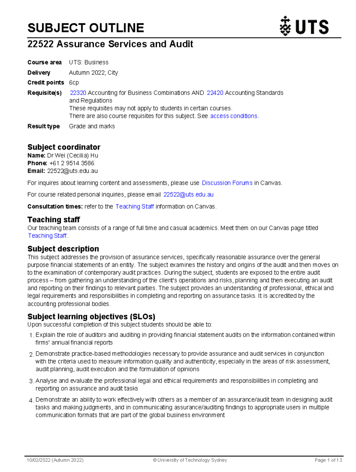 ASA Subject Outline - An overview of the assurance services and audit ...