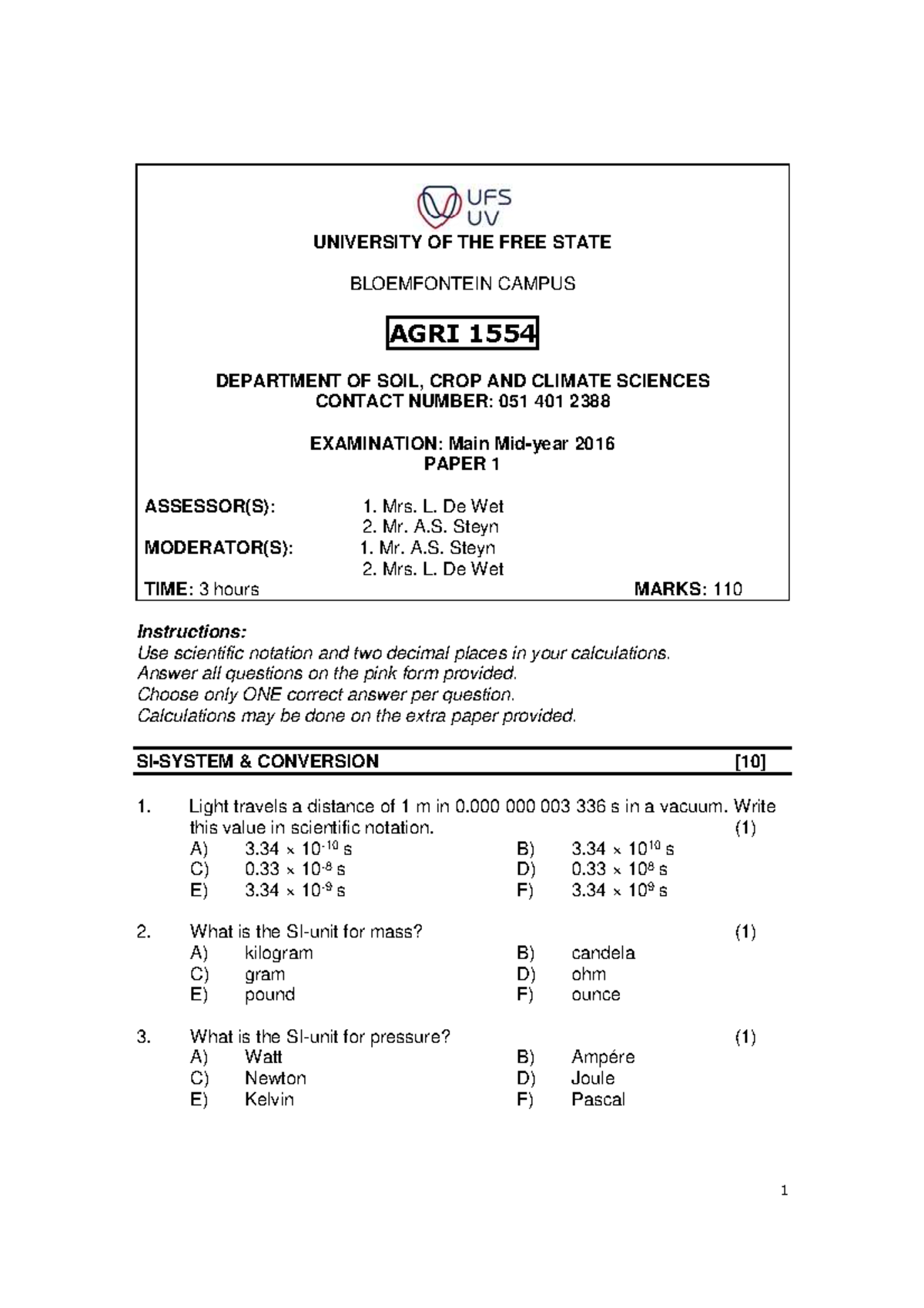 AGRI1554e Main Ex 2016 - UNIVERSITY OF THE FREE STATE BLOEMFONTEIN ...