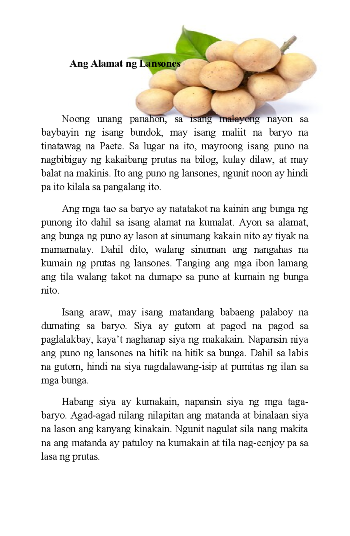 Ang Alamat ng Lansones - Ang Alamat ng Lansones Noong unang panahon, sa ...