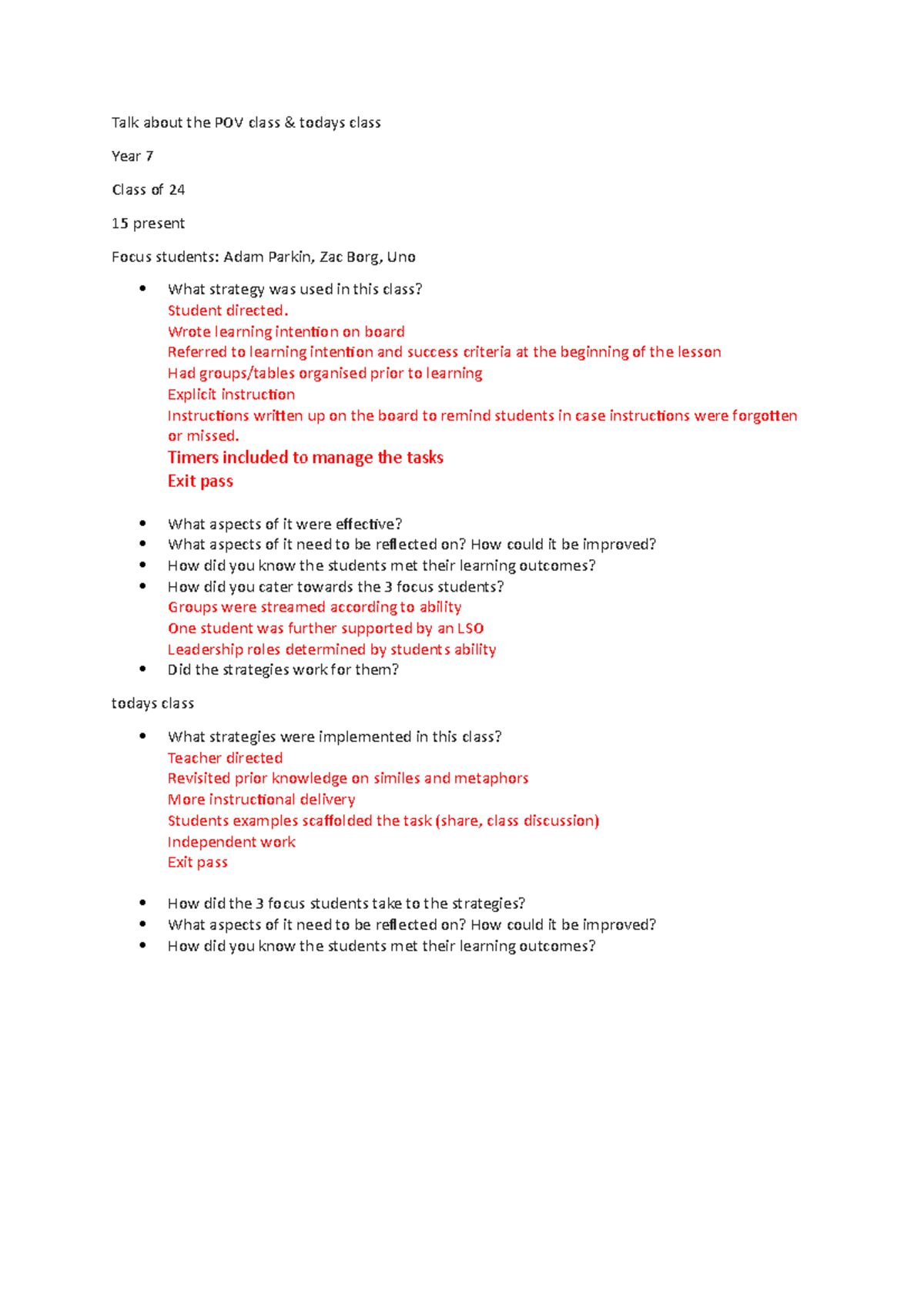 Talk about the POV class - Wrote learning intention on board Referred ...