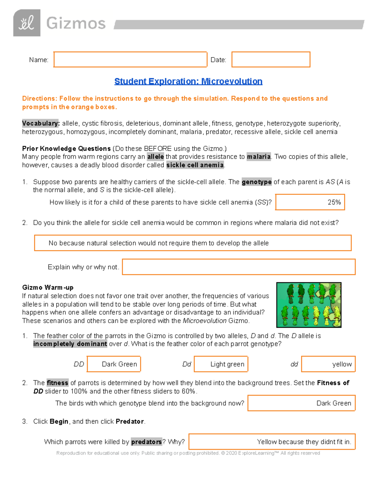 Microevolution Gizmo Worksheet - Name: Date: Student Exploration ...