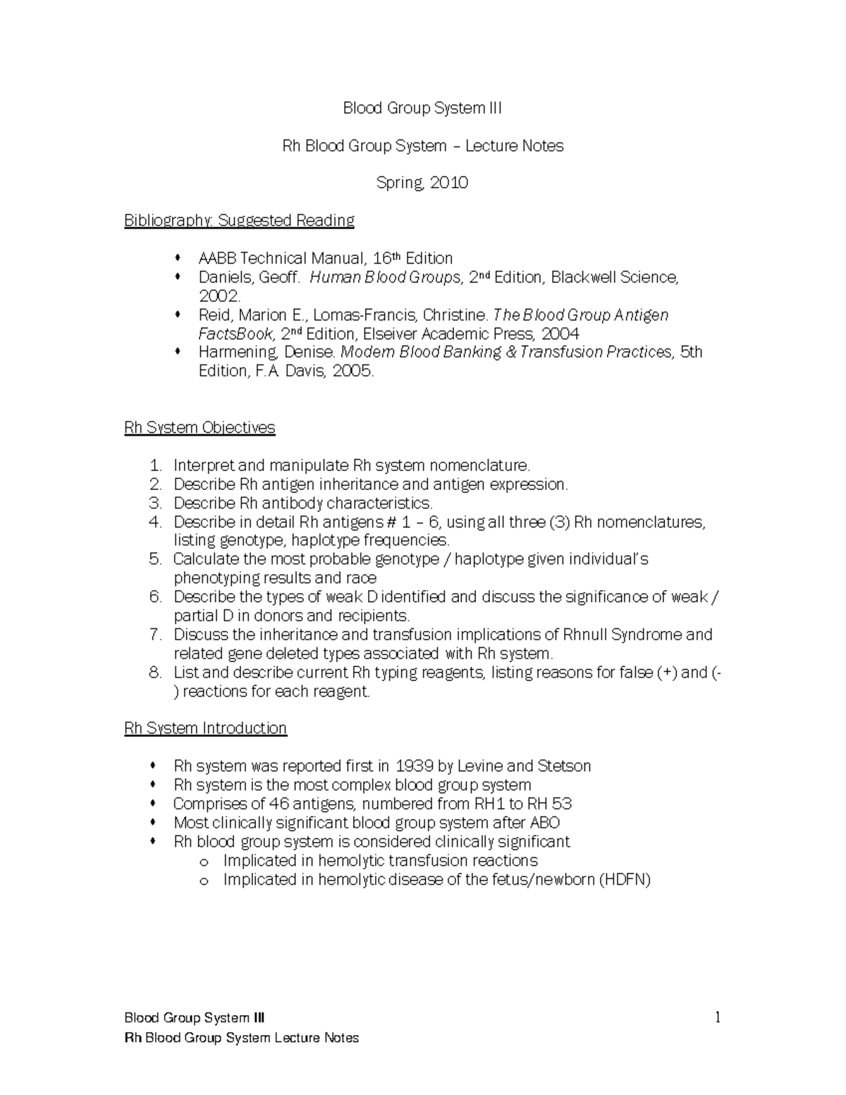 Rh System Lecture Notes - Blood Group System III 1 Blood Group System ...