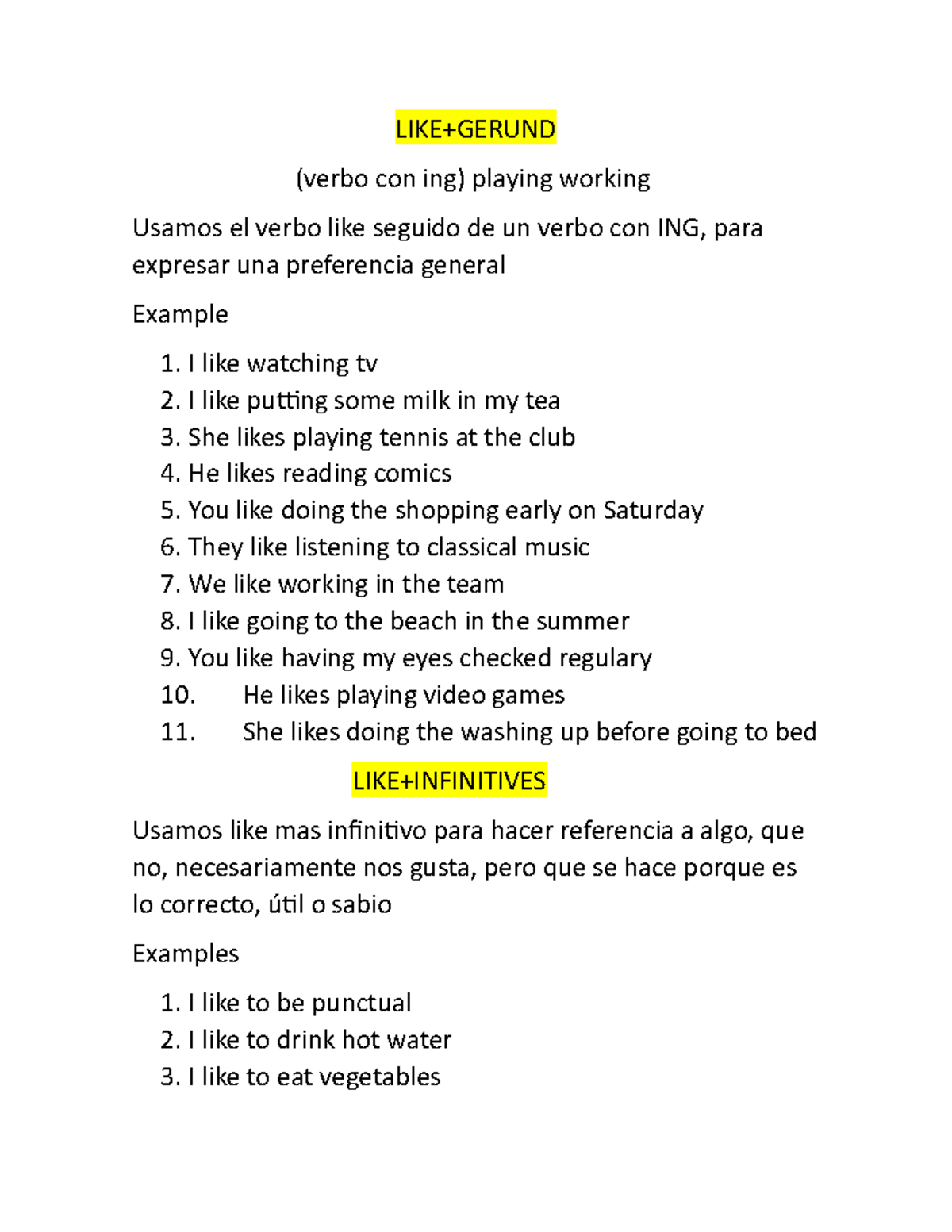 Explicacion LIKE - gerund/ infinitive - LIKE+GERUND (verbo con ing ...