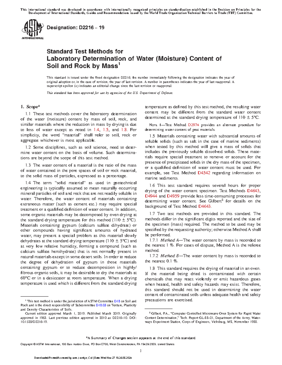 ASTM D2216-19 Contenido de Agua - Designation: D2216 − 19 Standard Test ...