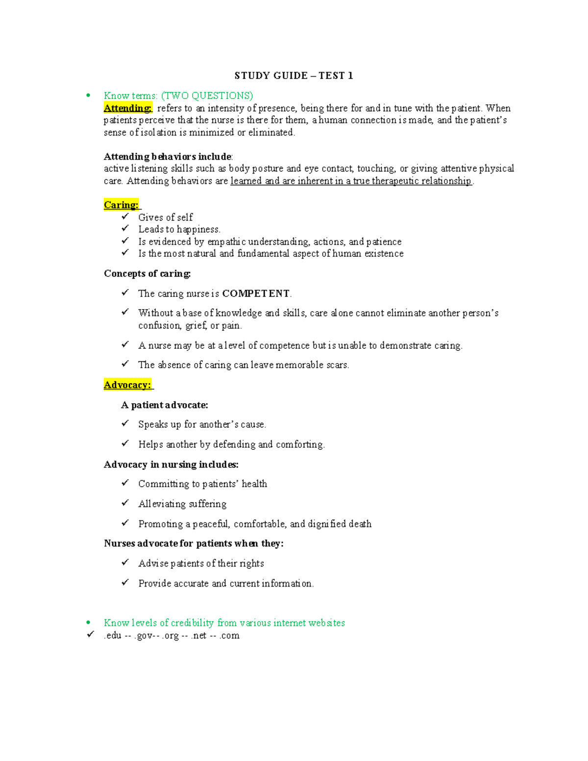 NUR2520 - Study Guide – TEST 1 - STUDY GUIDE – TEST 1 Know terms: (TWO ...