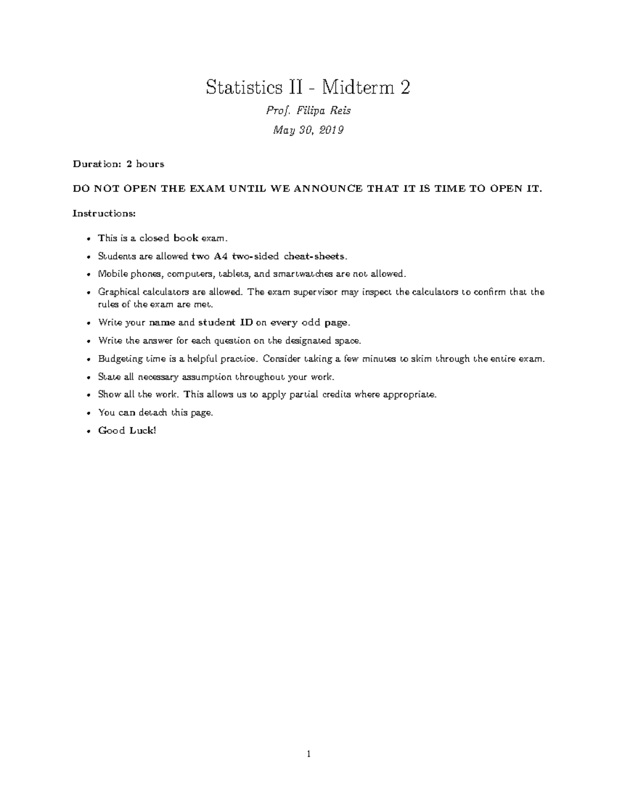 Midterm 2 - exams - Statistics II - Midterm 2 Prof. Filipa Reis May 30 ...