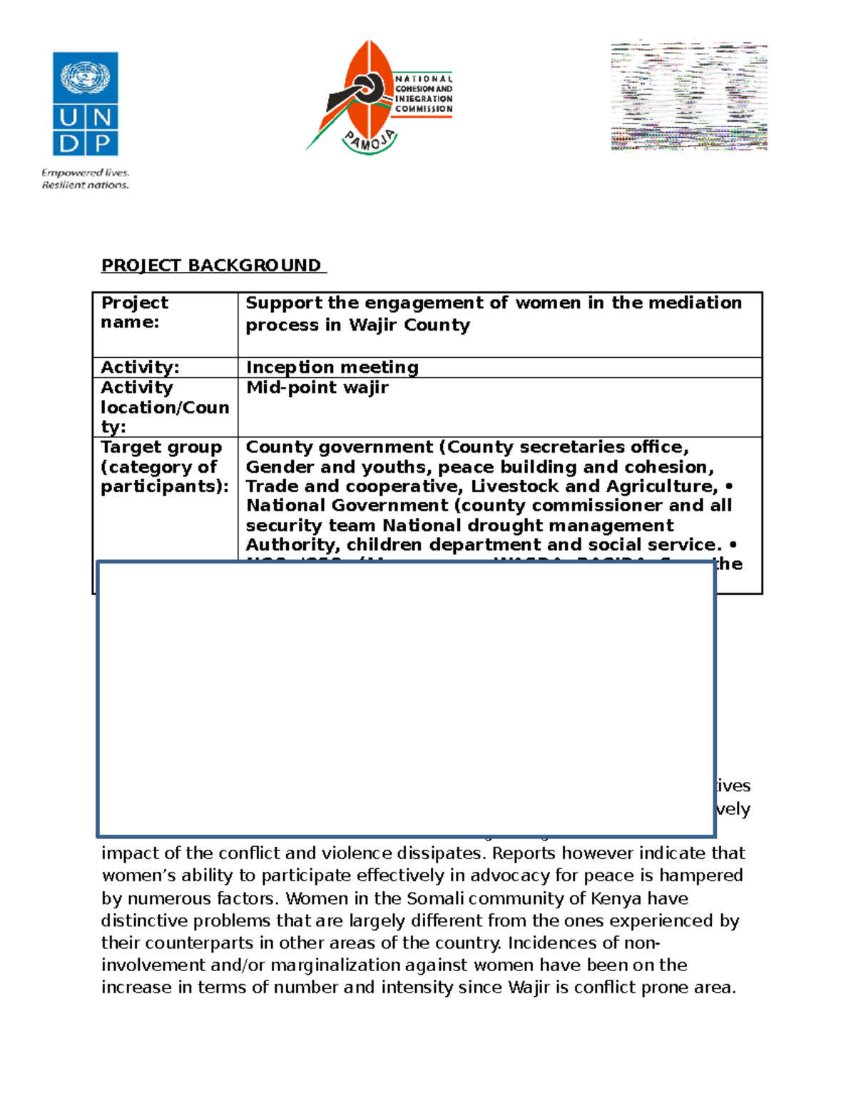 Inception Activity report - PROJECT BACKGROUND Project name: Support ...