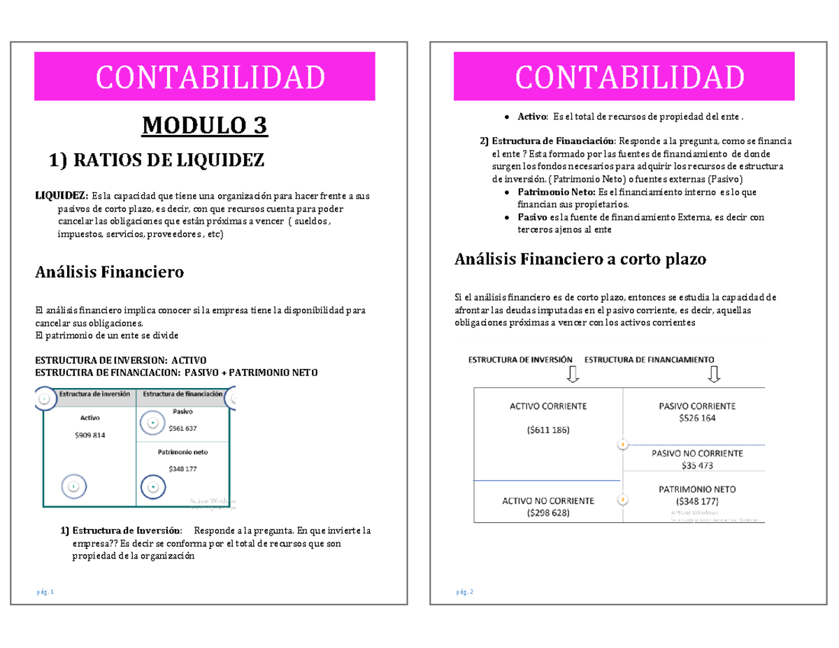 Contabilidad - FGH - MODULO 3 1) RATIOS DE LIQUIDEZ ####### LIQUIDEZ: Es la capacidad que tiene ...