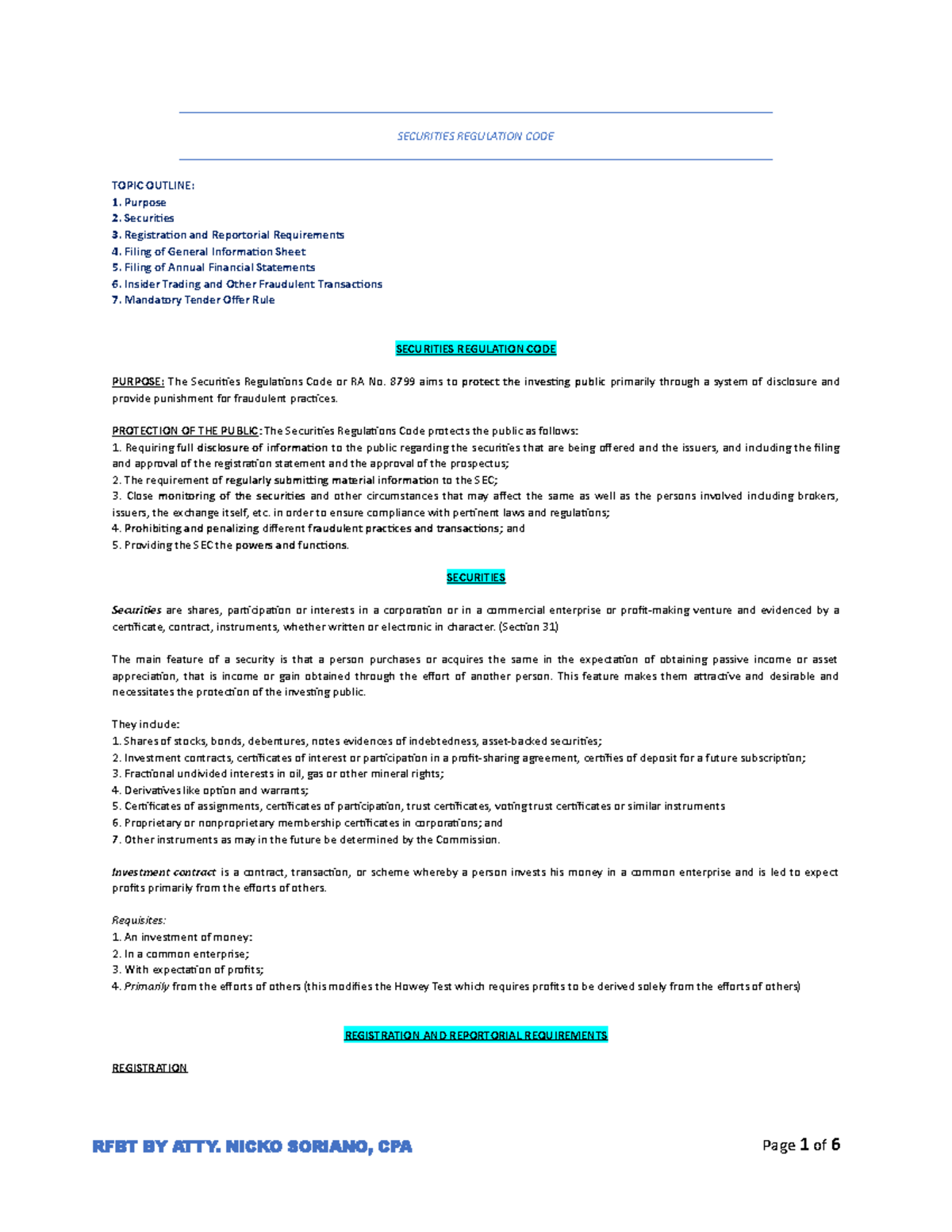 Securities Regulation Code Notes - 8799 aims to protect the investing ...