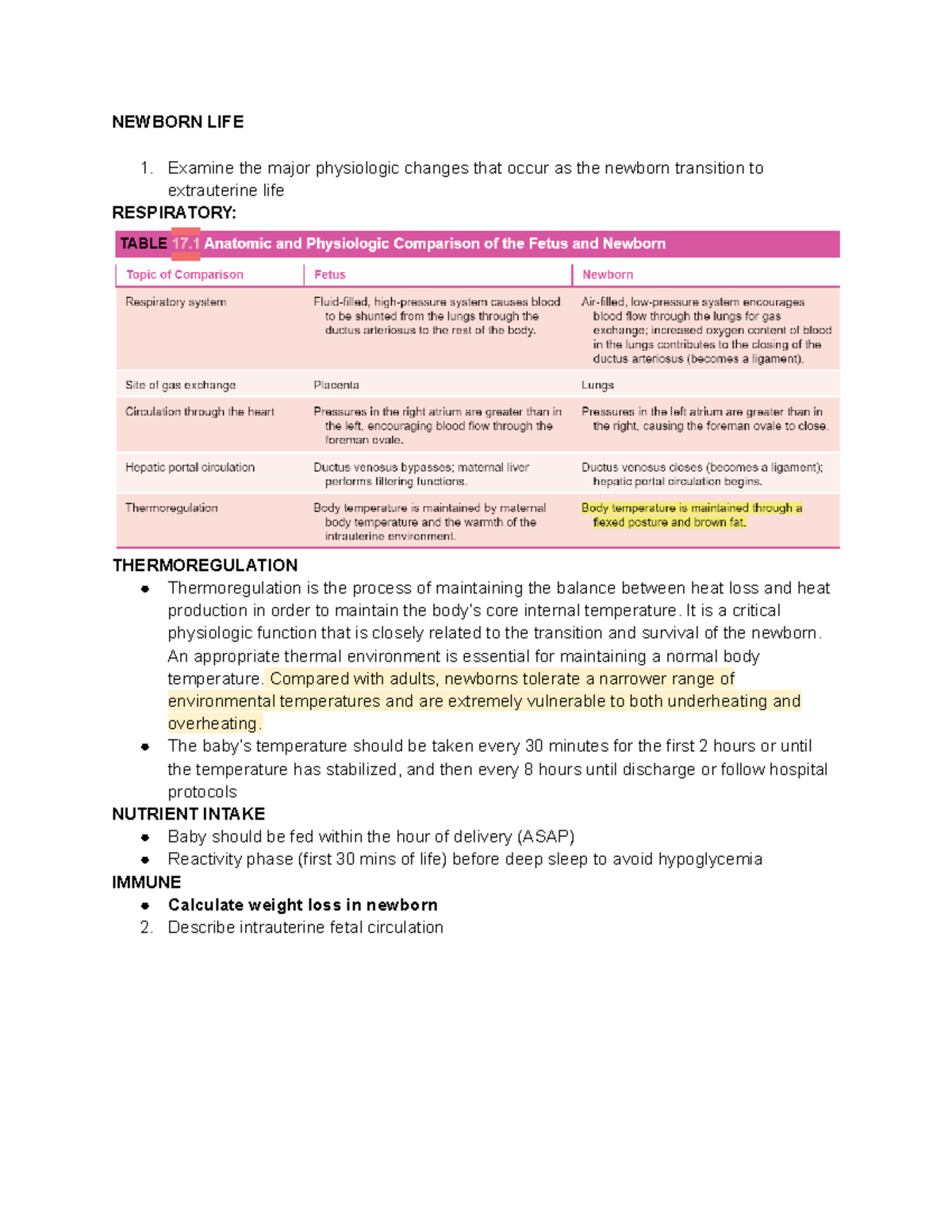 226 week 2 objectives 226 notes - NEWBORN LIFE Examine the major ...
