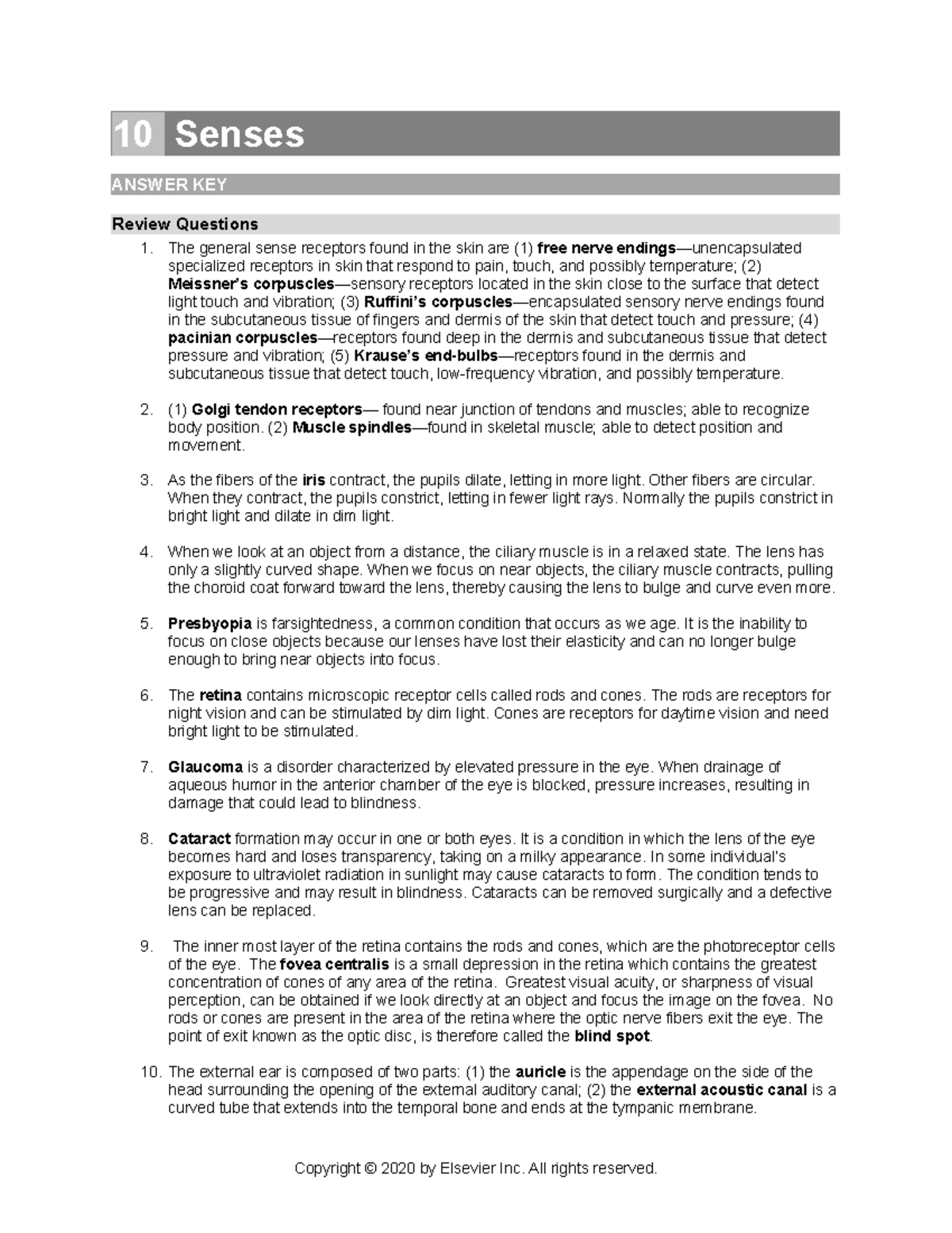 Senses Review Key - 10 Senses ANSWER KEY Review Questions The general ...