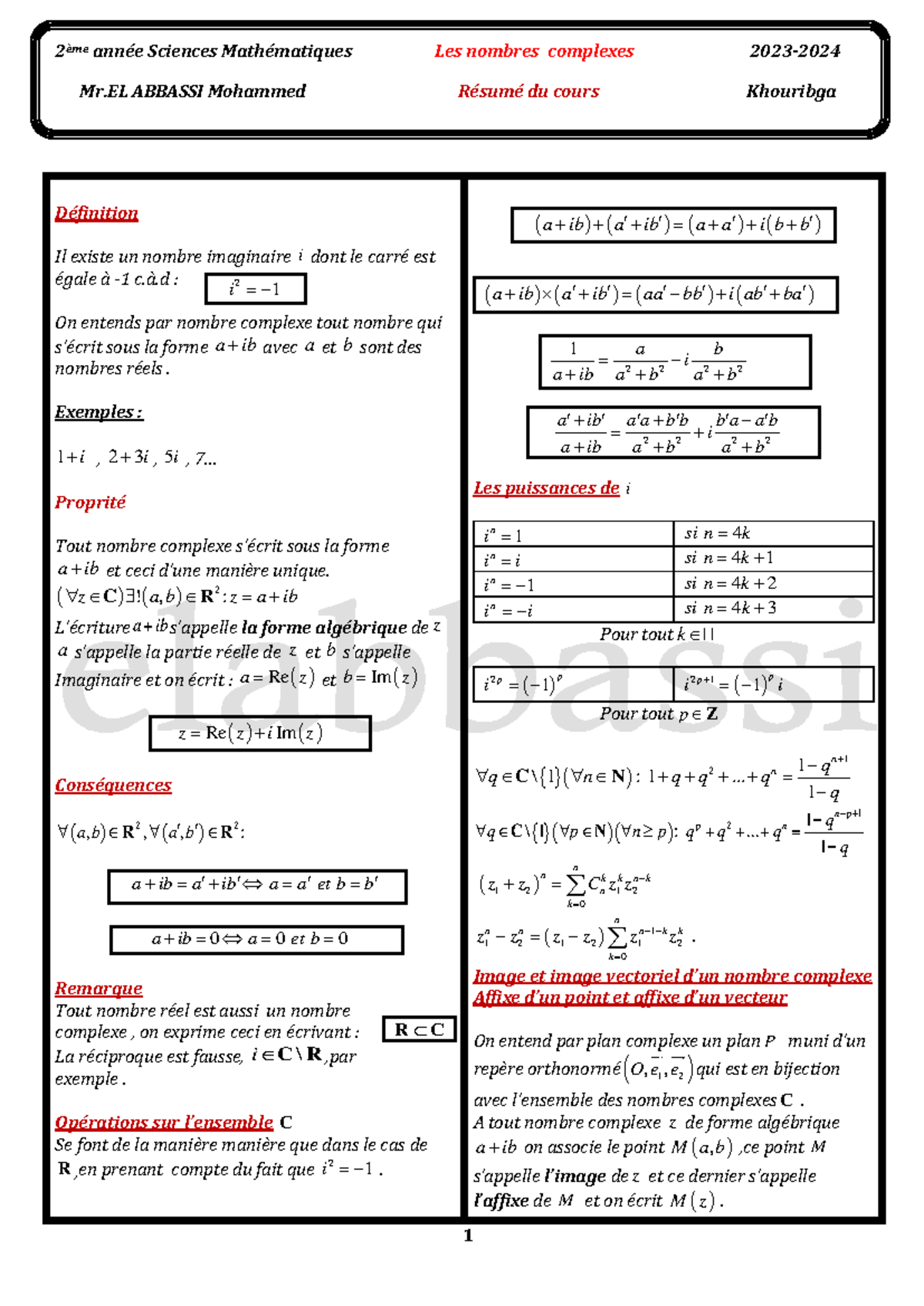 Résumé des complexes 2 sciences Mathématiques 2023.2024 Mr. Elabbassi ...