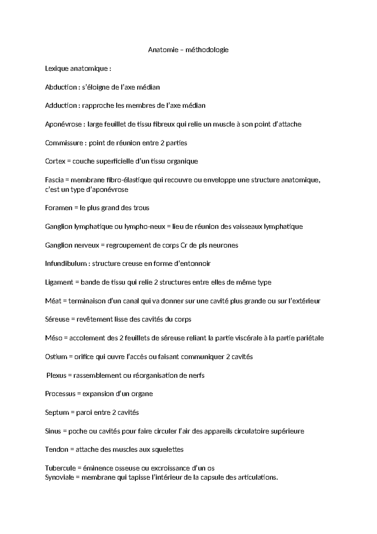Anatomie - cours introduction - Anatomie – méthodologie Lexique ...