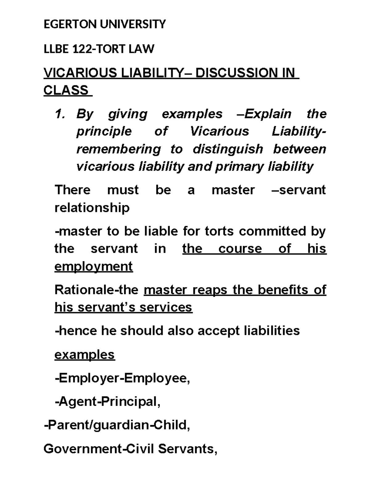 Vicarious Liability- Discussion IN Class- Students Driven - EGERTON ...