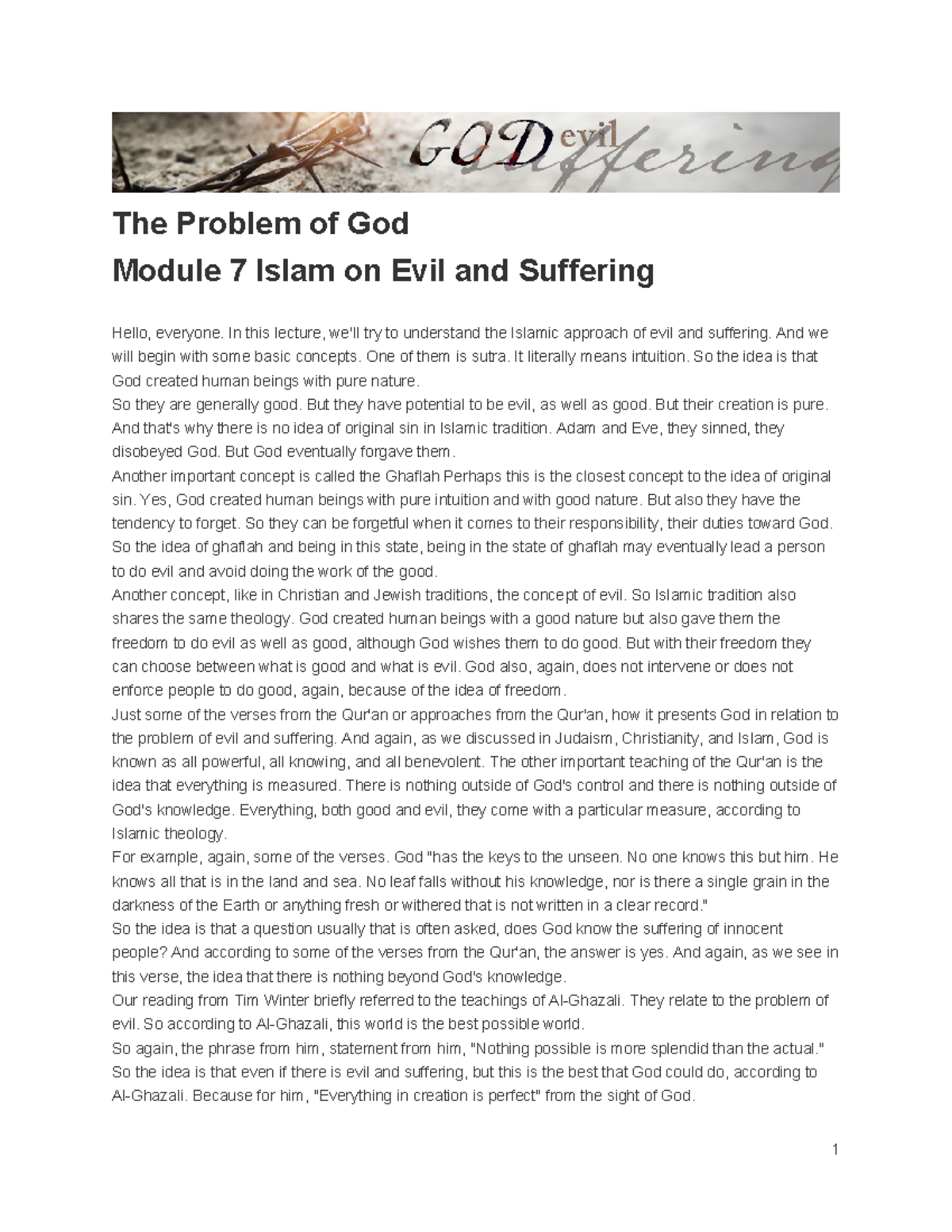 Module 7 Islam on Evil and Suffering - 1 The Problem of God Module 7 ...