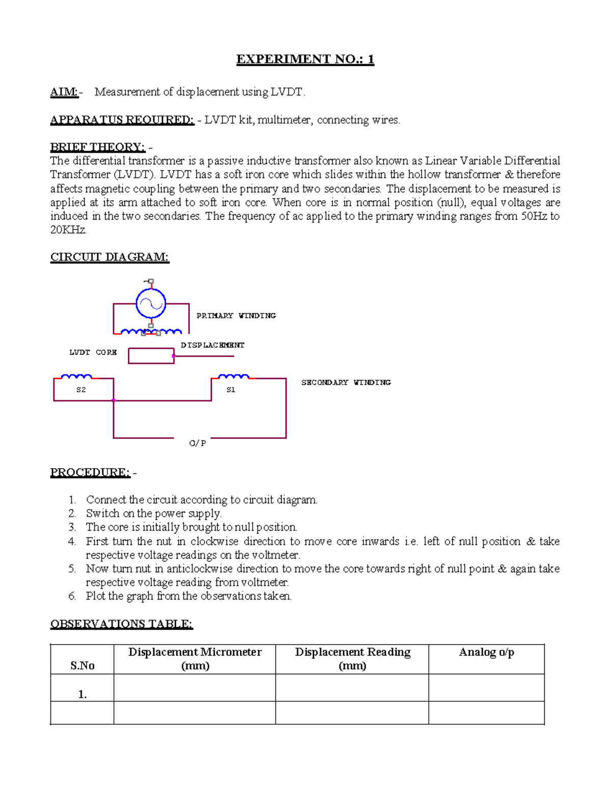 Experiment NO 1 AIM Measurement of displ - ####### S2 S EXPERIMENT NO.: 1 AIM:- Measurement of ...