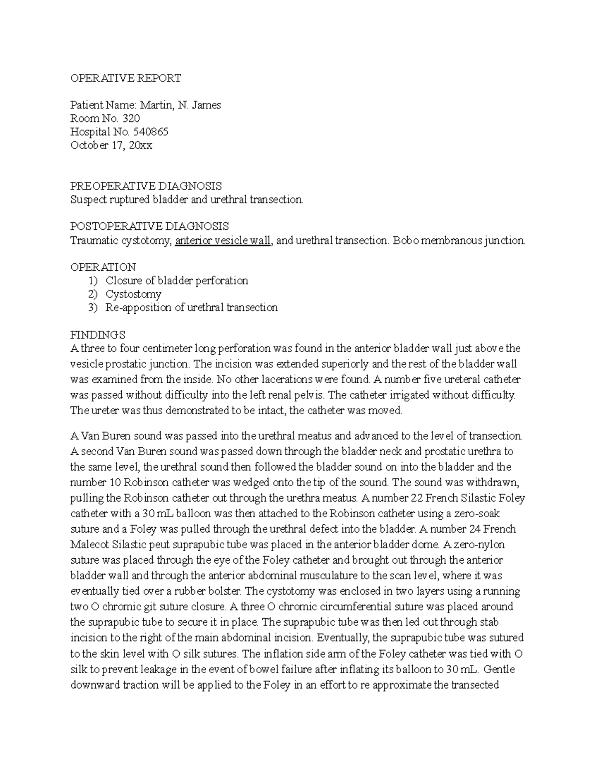 Operative Report Transcription - OPERATIVE REPORT Patient Name: Martin ...