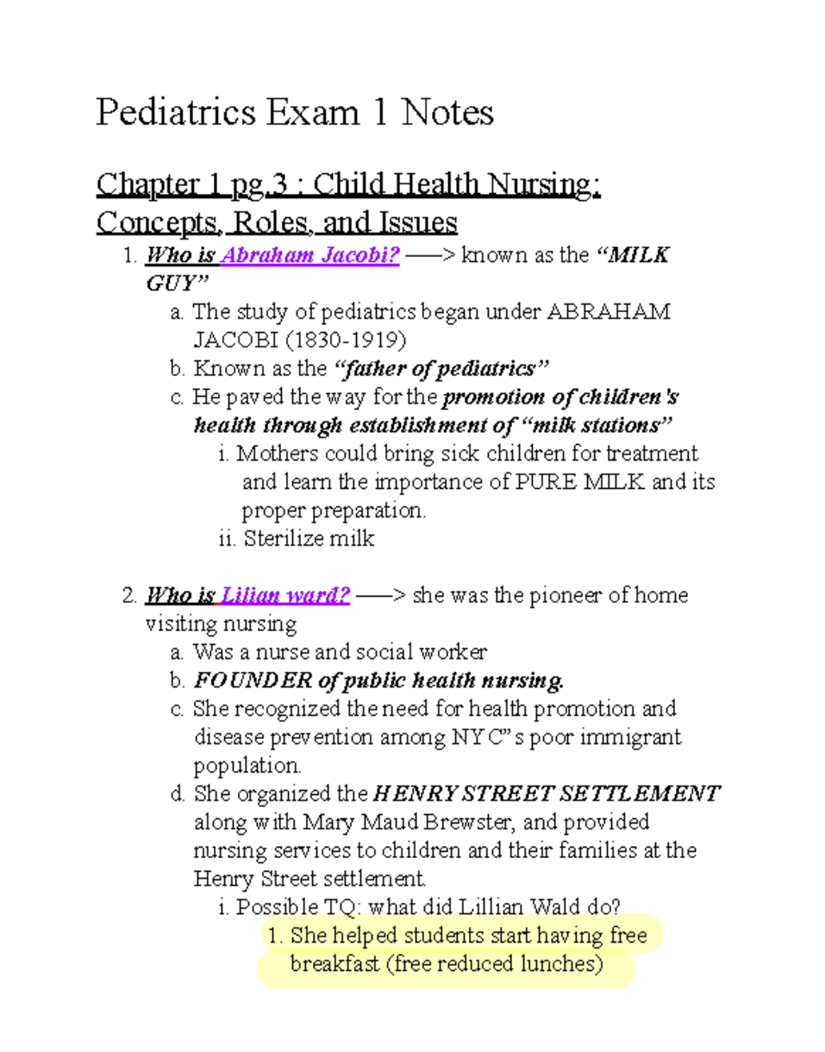 Exam 1 outline 2 - Notes - Pediatrics Exam 1 Notes Chapter 1 pg : Child ...