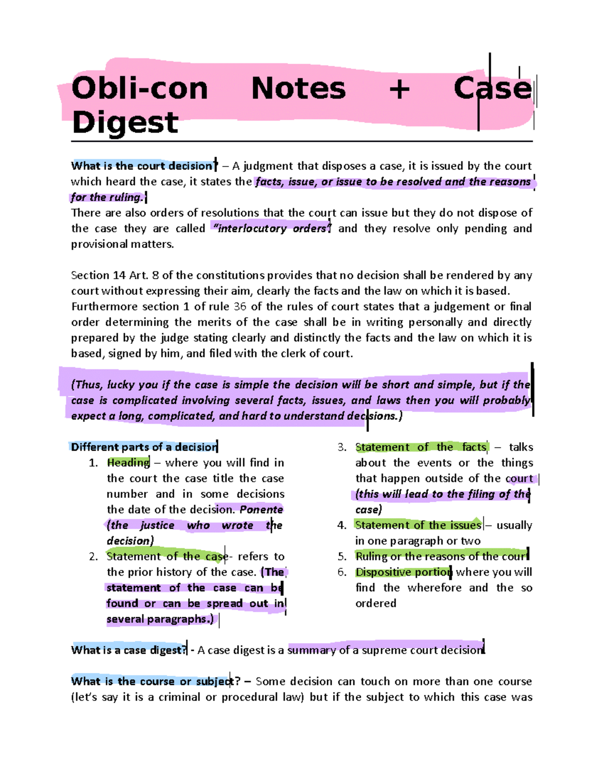 Oblicon Notes case digest - Obli-con Notes + Case Digest What is the ...