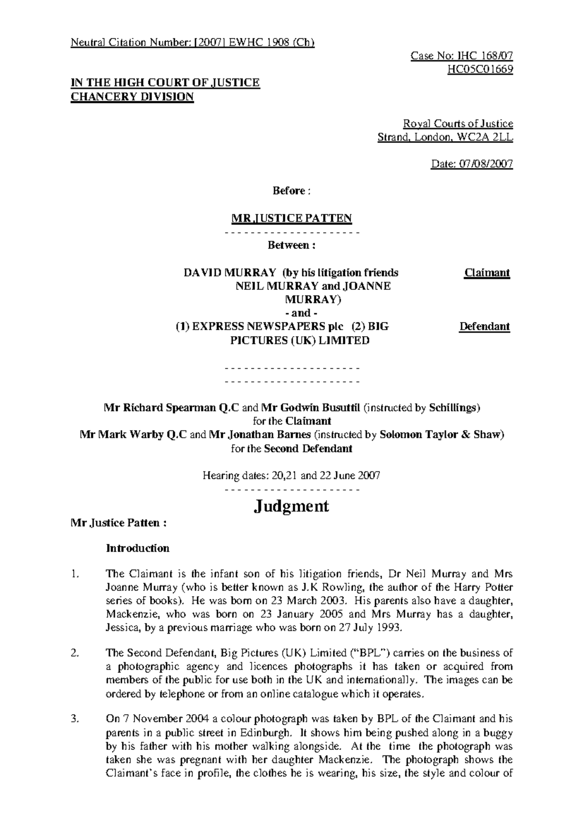 Murray v Express Newspapers plc 2007 EWHC 1908 Ch - Neutral Citation ...